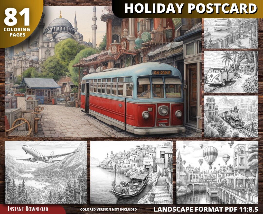 Travel Coloring Book, Holiday Postcard Landscape Coloring Pages for ...