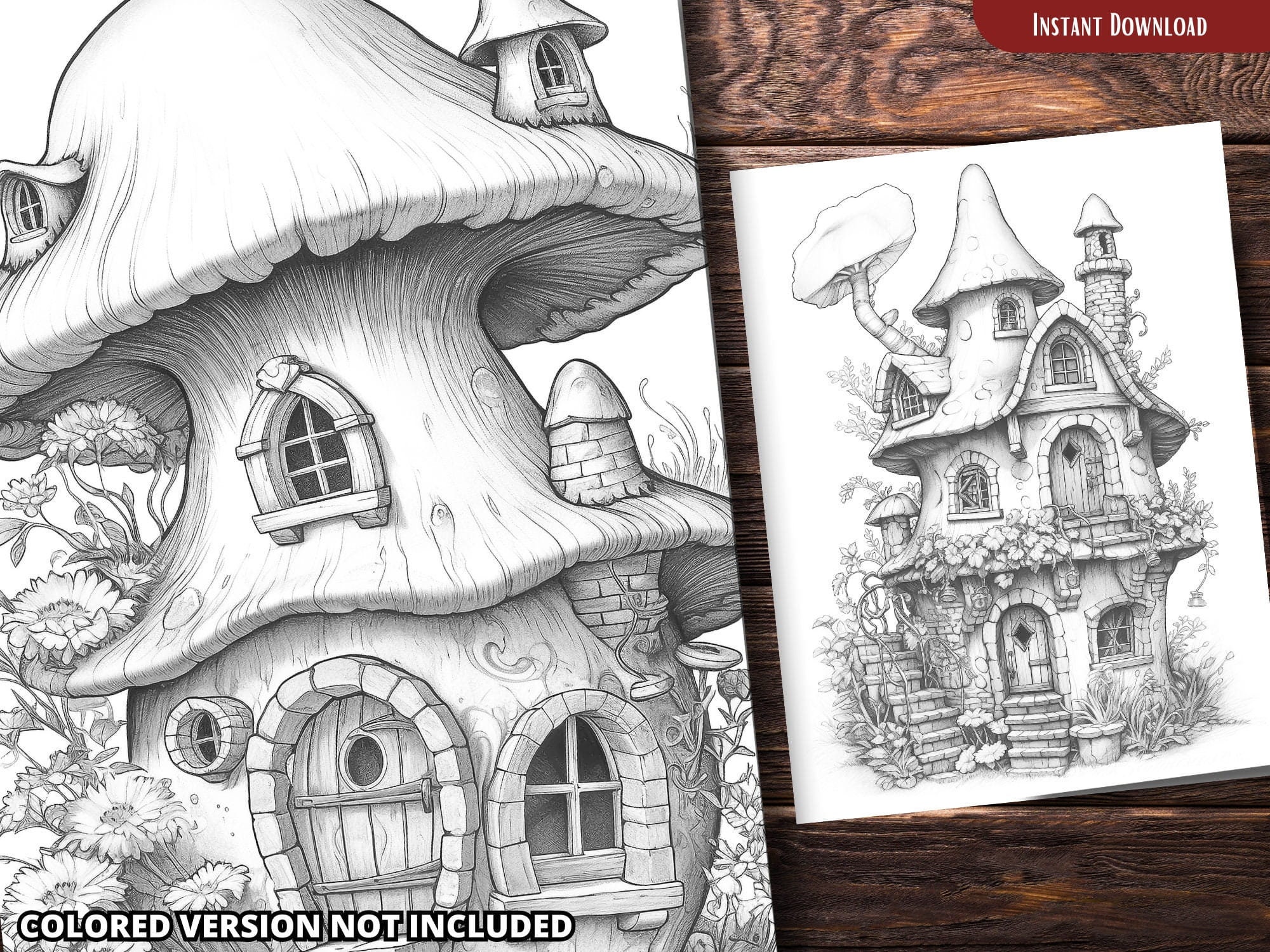 Fairy Houses Grayscale Coloring Pages for Adults and Kids (printable ...