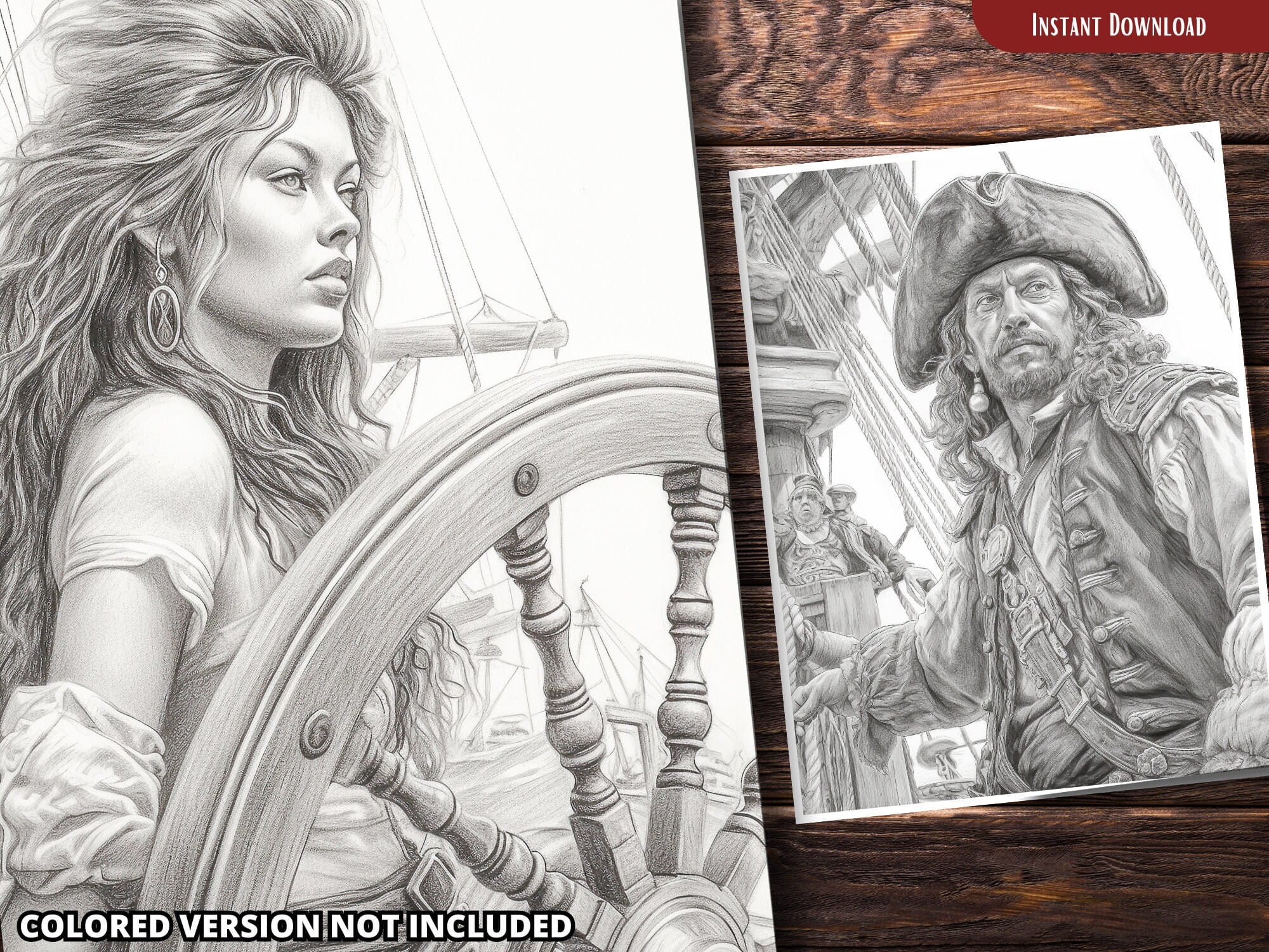 Pirates Coloring Pages for Adults and for Kids Grayscale Coloring Book ...