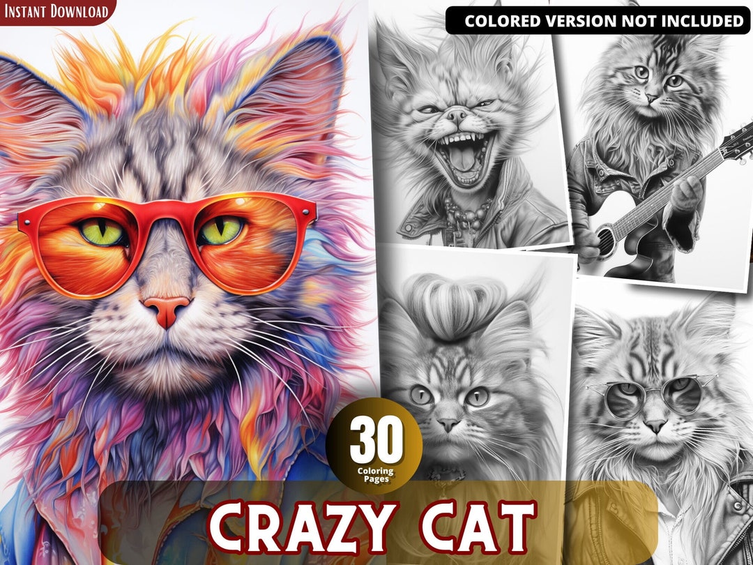 Crazy Cat Coloring Pages for Adults and for Kids for Relax and Stress ...