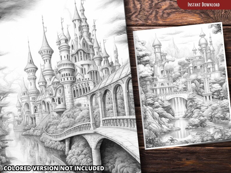 Fantasy Landscape Grayscale Coloring Book, AI Art (printable PDF) - Etsy