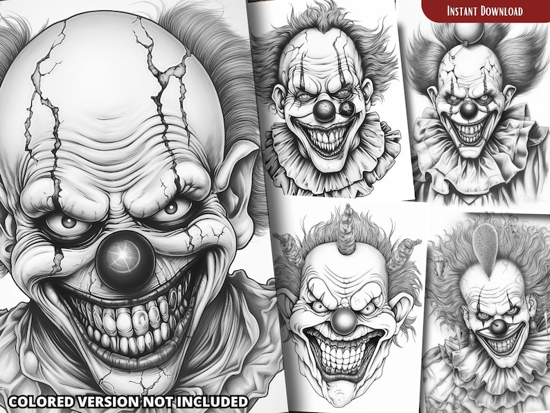 Creepy Clown Coloring Pages for Adults and for Kids Grayscale Coloring ...