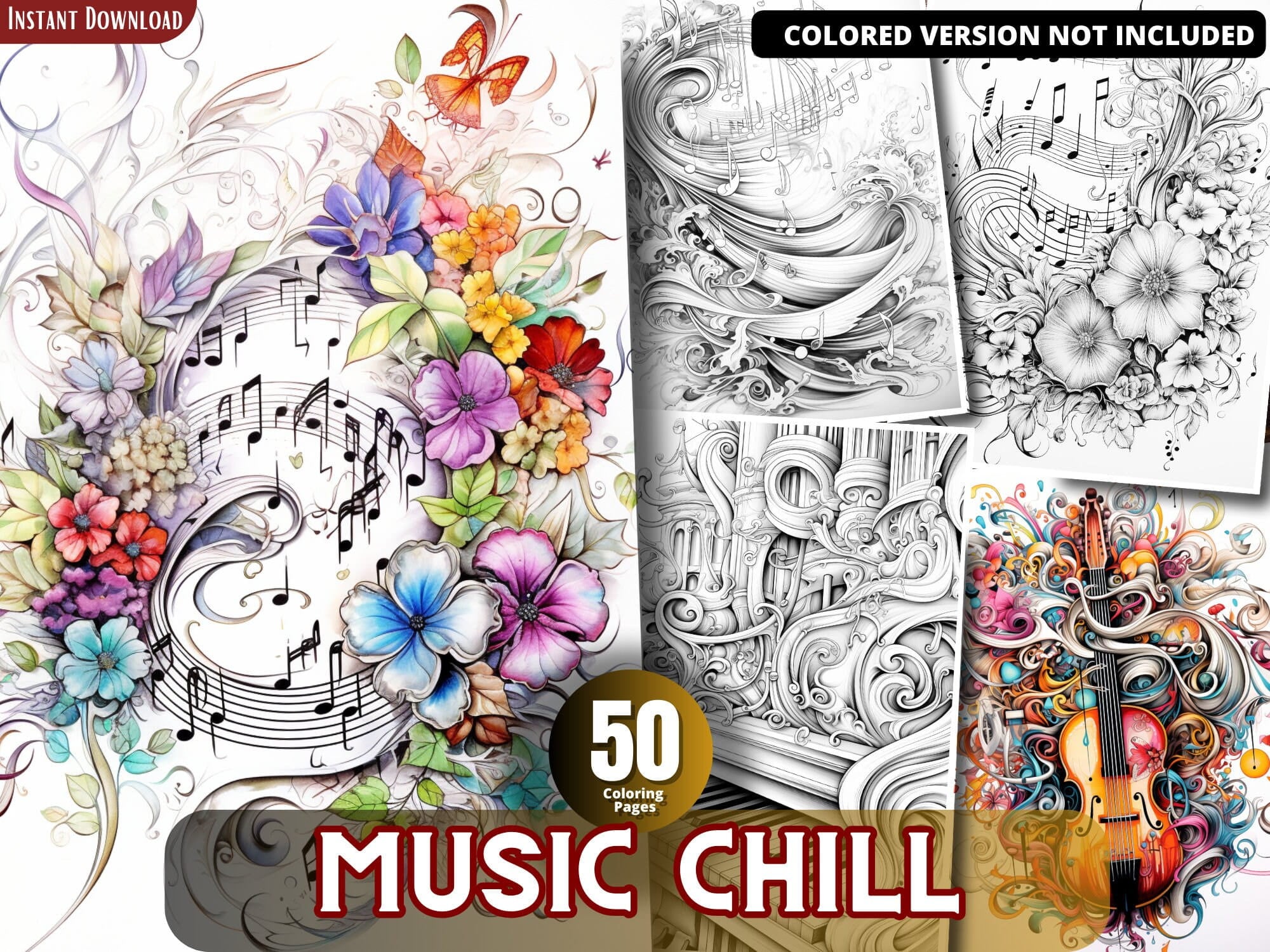 Music Chill Coloring Pages for Adults and for Kids for Relax and Stress ...