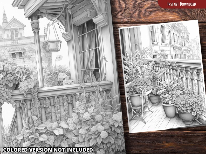 Balcony Garden Grayscale Coloring Book for Adults and Kids (printable ...
