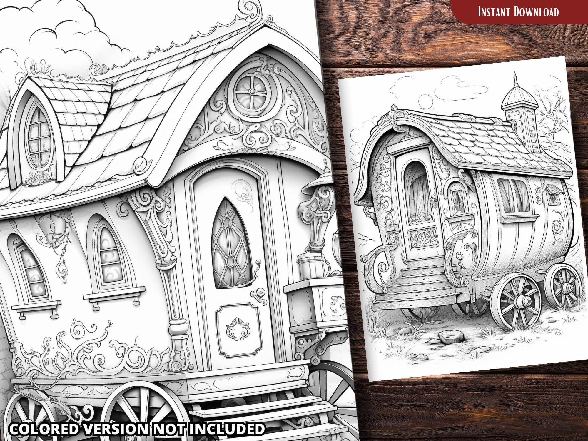 Fantasy Caravan House Coloring Pages for Adults and for Kids Grayscale ...