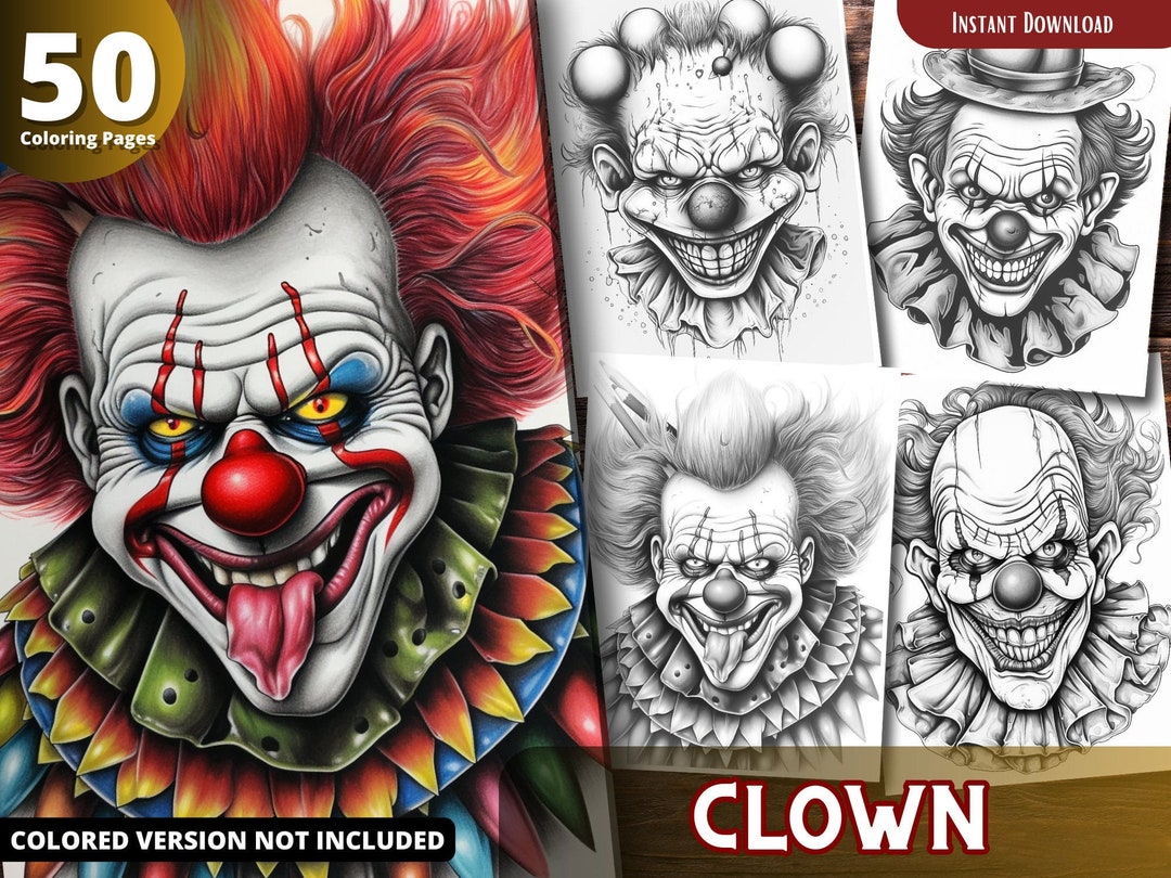 Creepy Clown Coloring Pages for Adults and for Kids Grayscale Coloring ...
