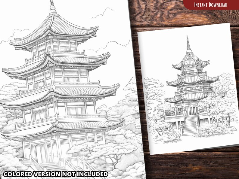 Pagoda Coloring Pages for Adults and for Kids for Relax and Stress ...