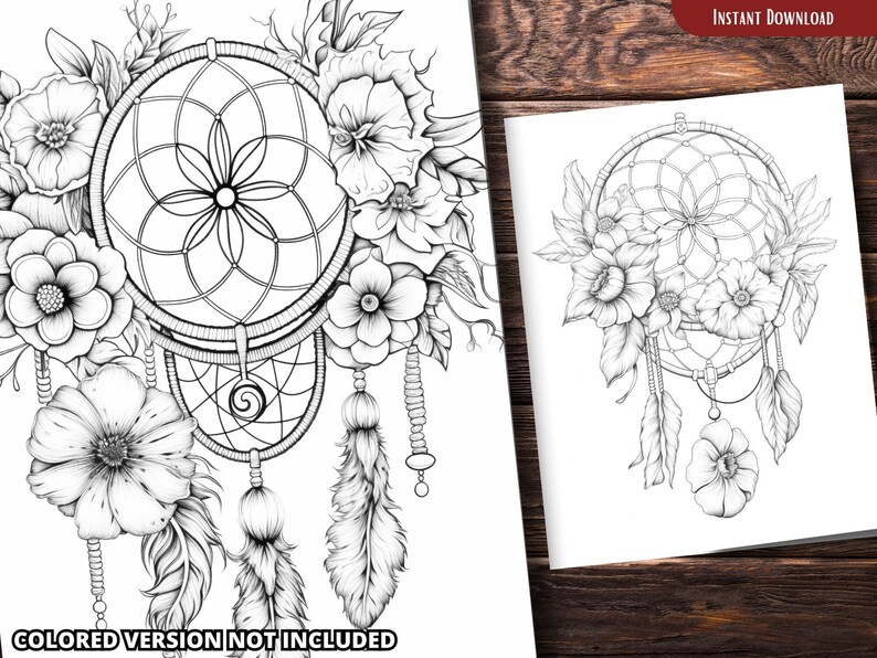 Dreamcatcher Flowers Coloring Pages for Adults and for Kids Grayscale ...