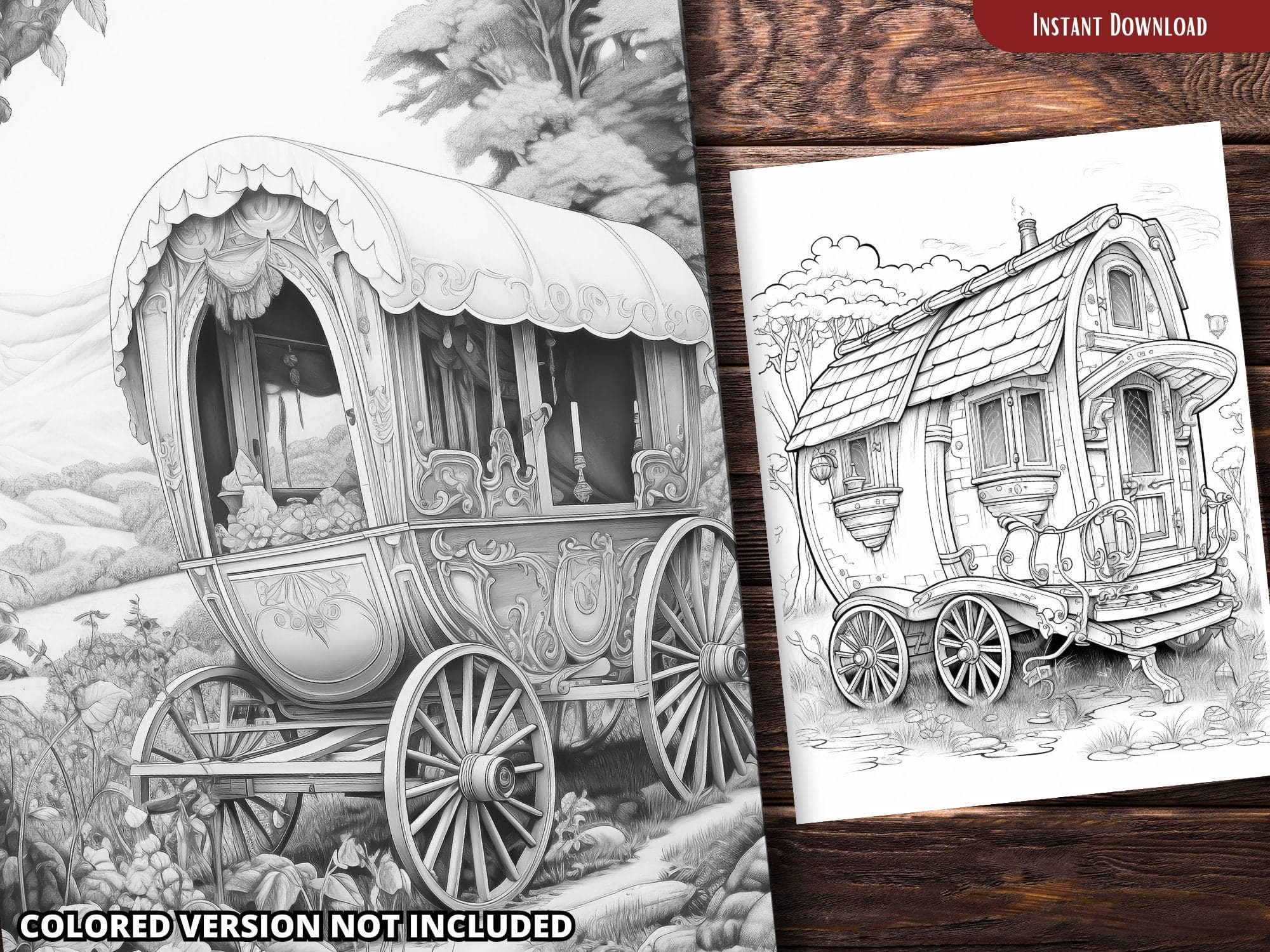 Fantasy Caravan House Coloring Pages for Adults and for Kids Grayscale ...