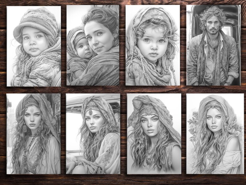 Gypsy Coloring Pages for Adults and for Kids Grayscale Coloring ...