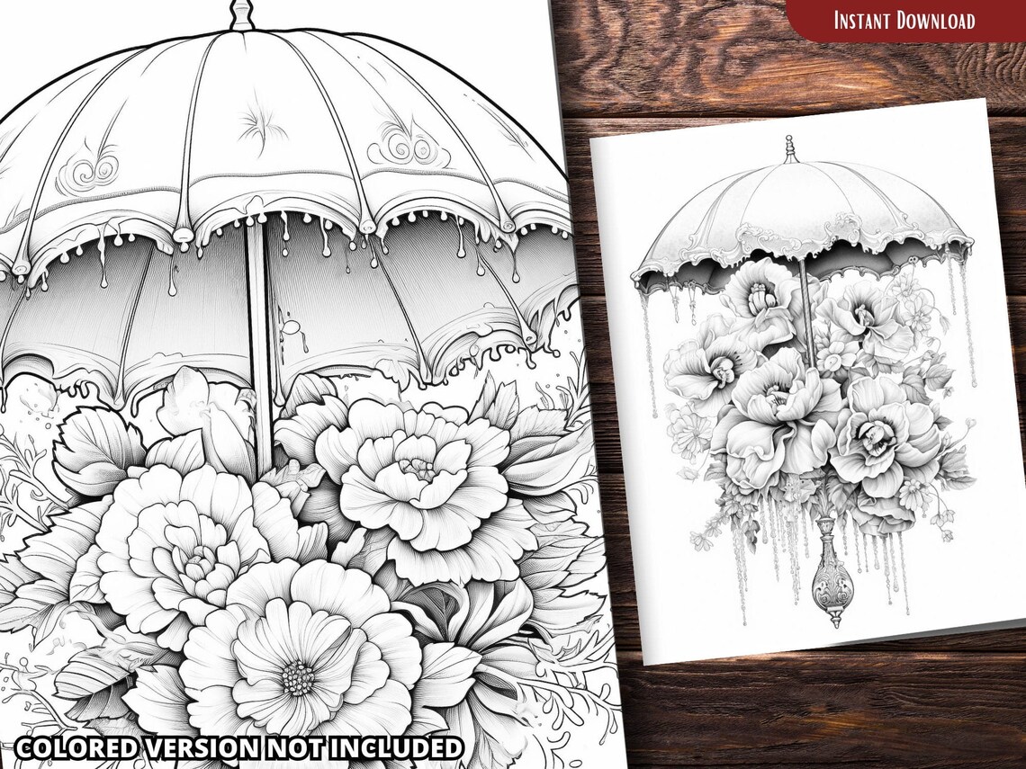 Umbrella With Flowers Coloring Pages for Adults and for Kids Grayscale ...