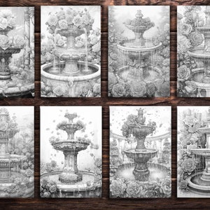 Fountain Coloring Pages for Adults and for Kids, Grayscale Coloring ...