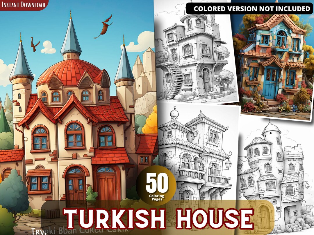 Turkish House Coloring Pages for Adults and for Kids, Grayscale ...