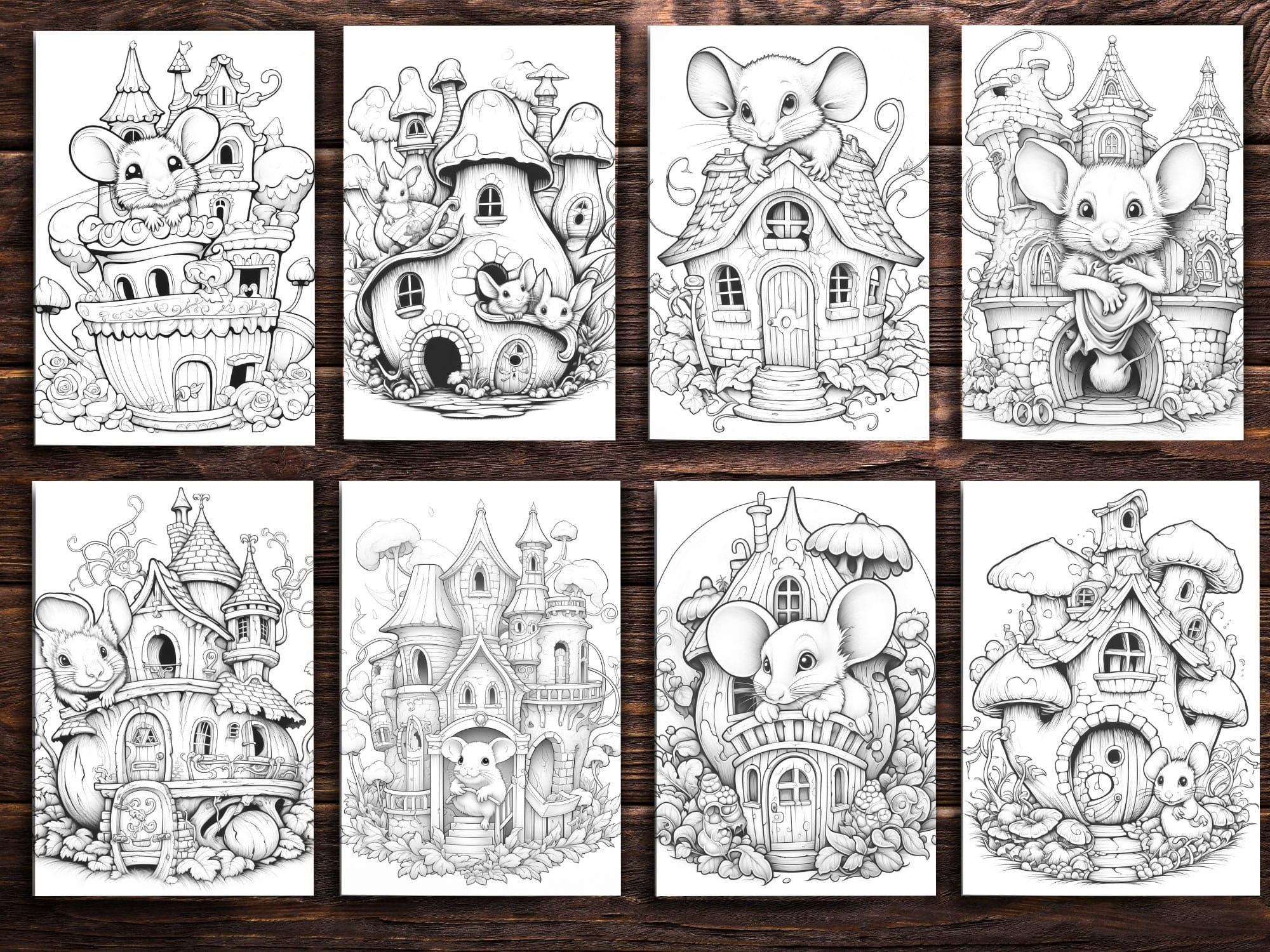 Mouse House Coloring Pages for Adults and for Kids, Grayscale Coloring ...