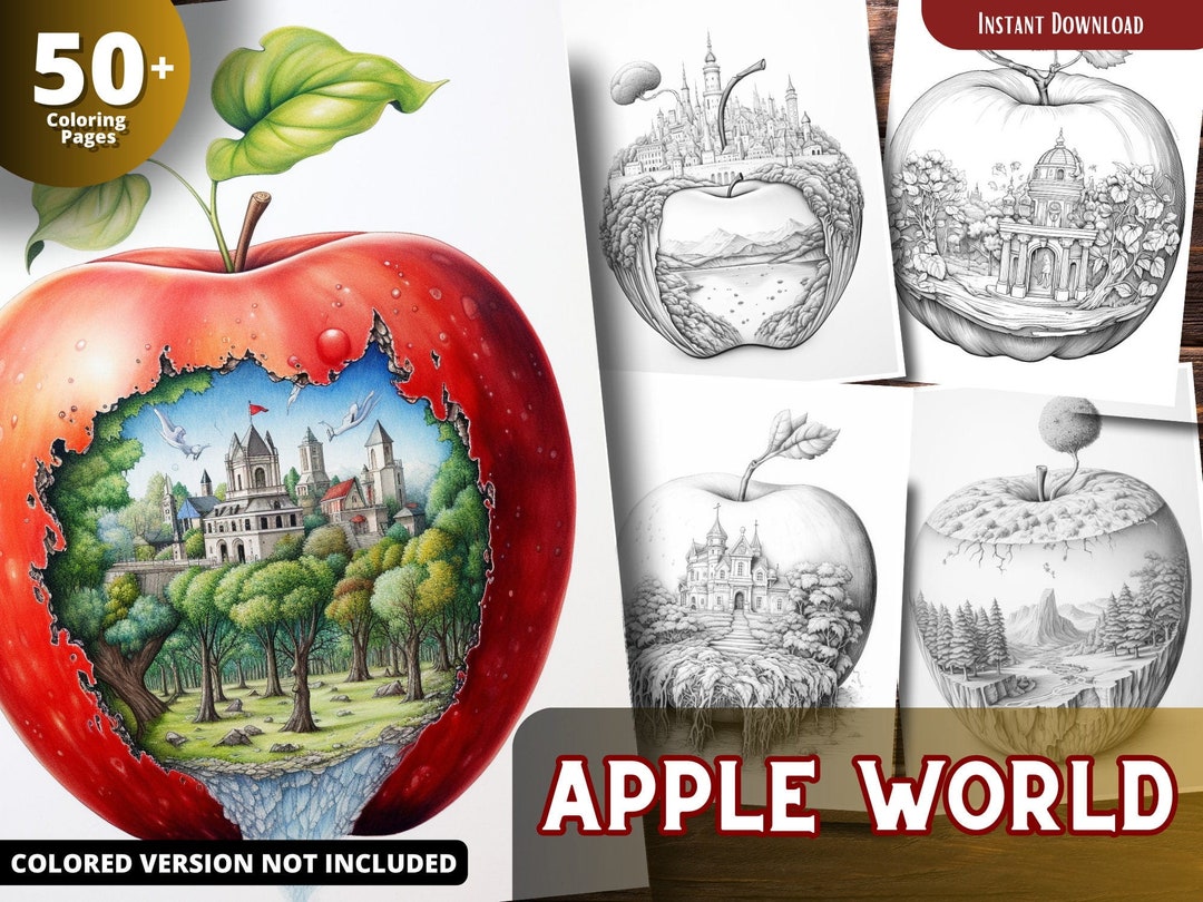 Apple World Coloring Pages for Adults and for Kids for Relax and Stress ...
