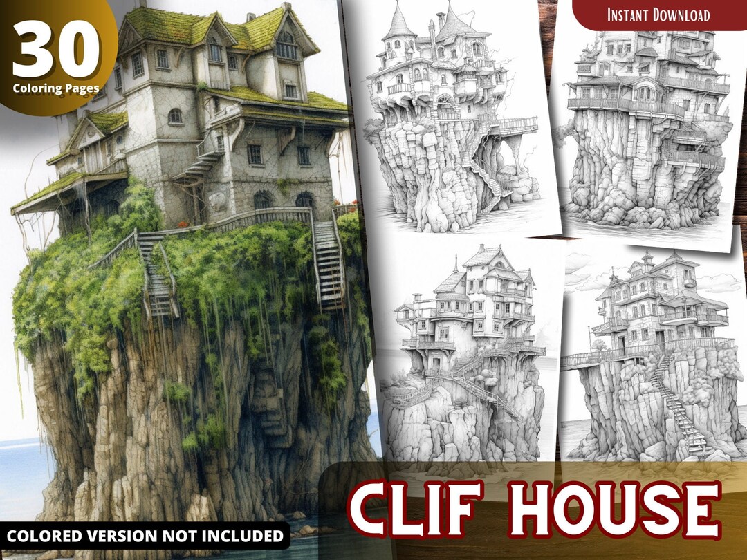 Clif House Coloring Pages for Adults and for Kids for Relax and Stress ...
