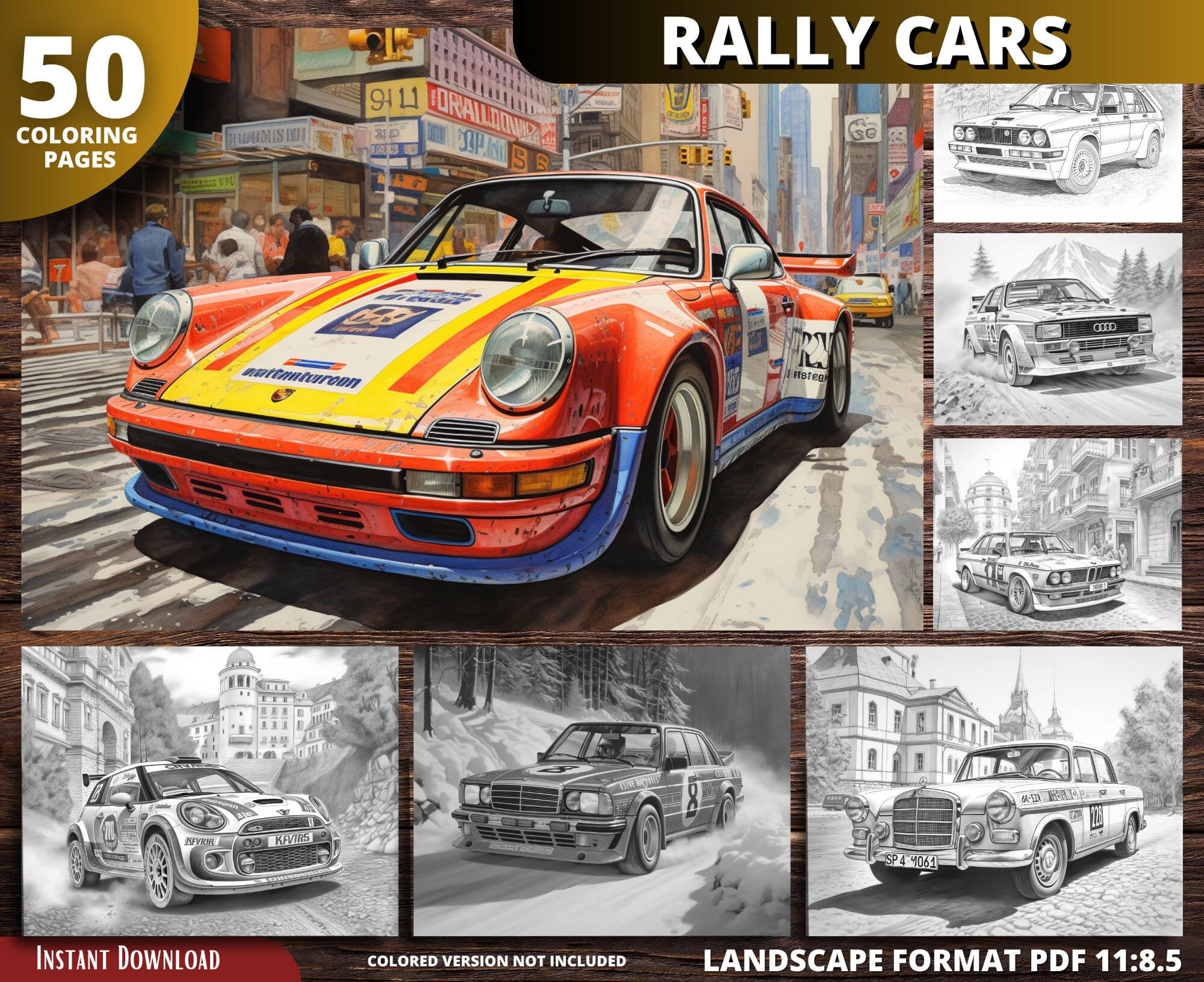 Rally Cars Coloring Book, Grayscale Illustration (printable PDF File ...