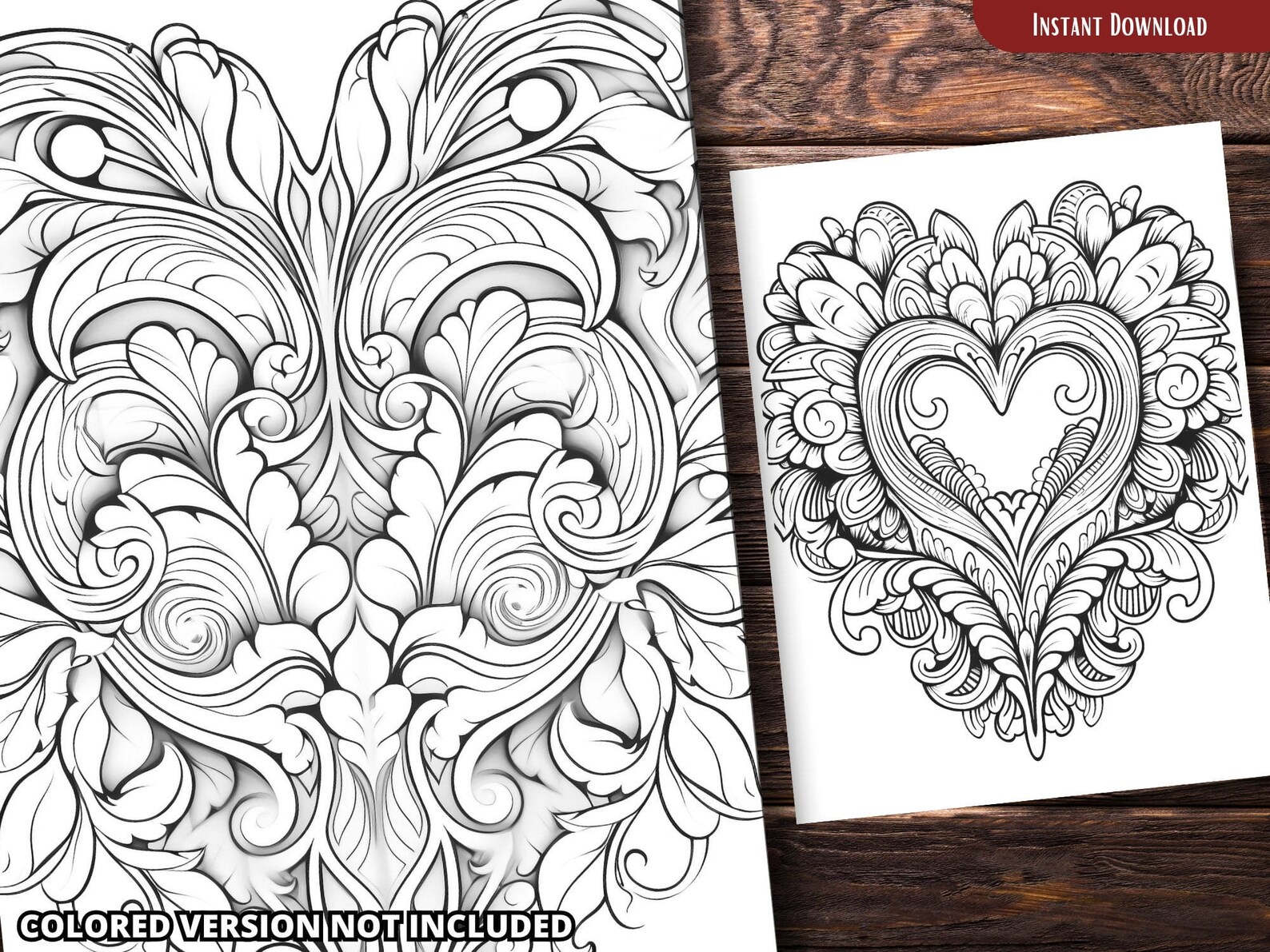 Heart With Flowers Coloring Pages, Grayscale Coloring Book (printable ...