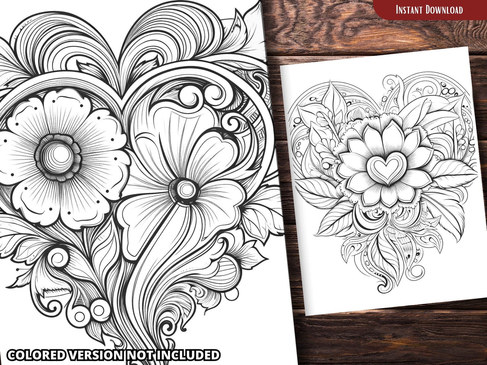 Hart With Flowers Coloring Pages for Adults and for Kids Grayscale ...