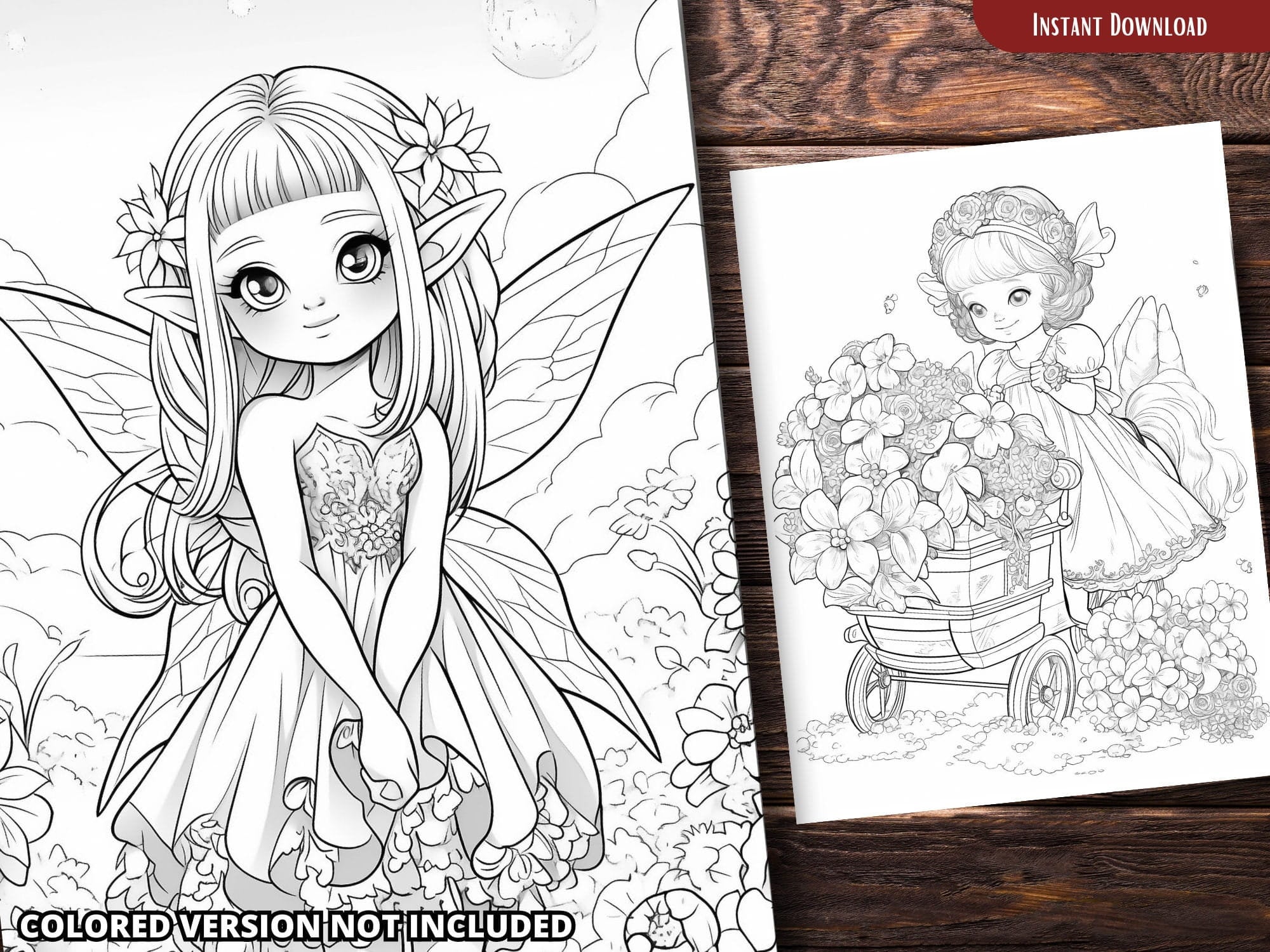 Flower Fairy Coloring Pages for Adults and for Kids Grayscale Coloring ...