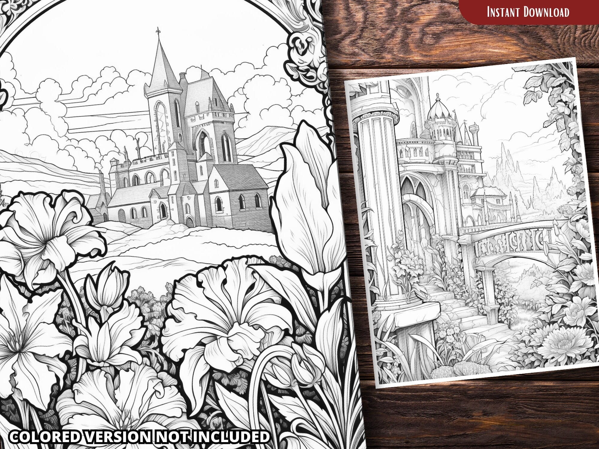 Medieval Flower Scene Coloring Pages for Adults and for Kids for Relax ...
