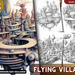 Flying Village in the Sky Coloring Pages for Adults and for Kids ...