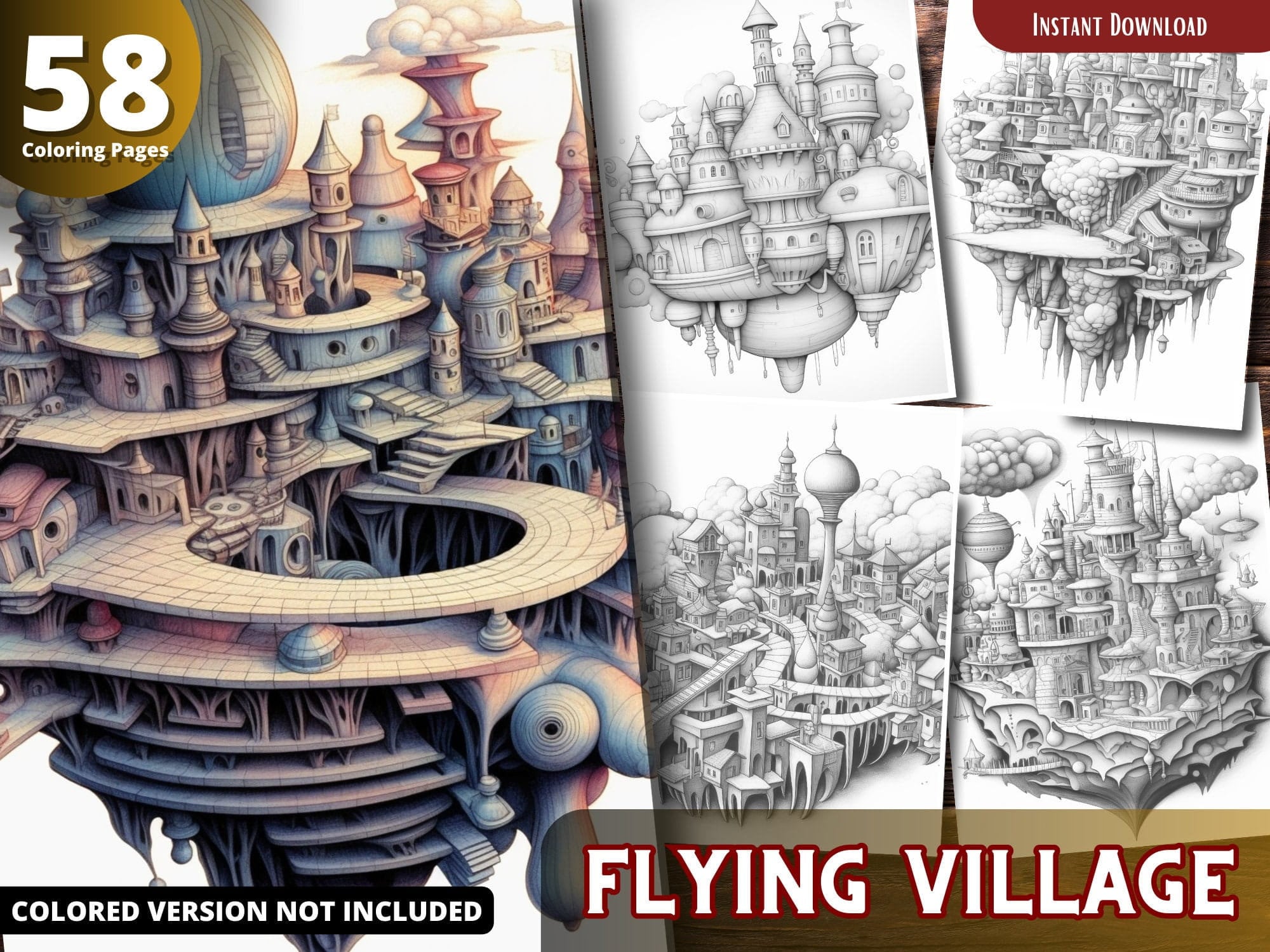 Flying Village in the Sky Coloring Pages for Adults and for Kids ...