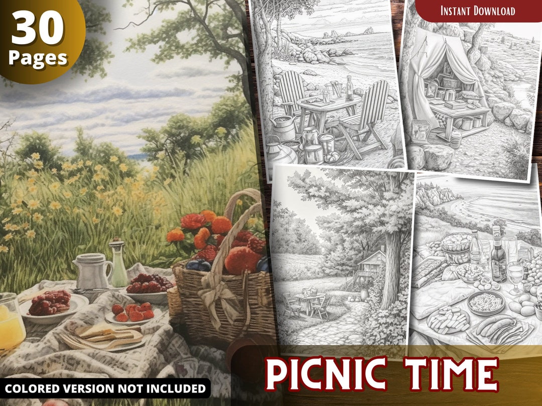 Landscape Picnic Time Coloring Pages for Adults and for Kids Grayscale ...