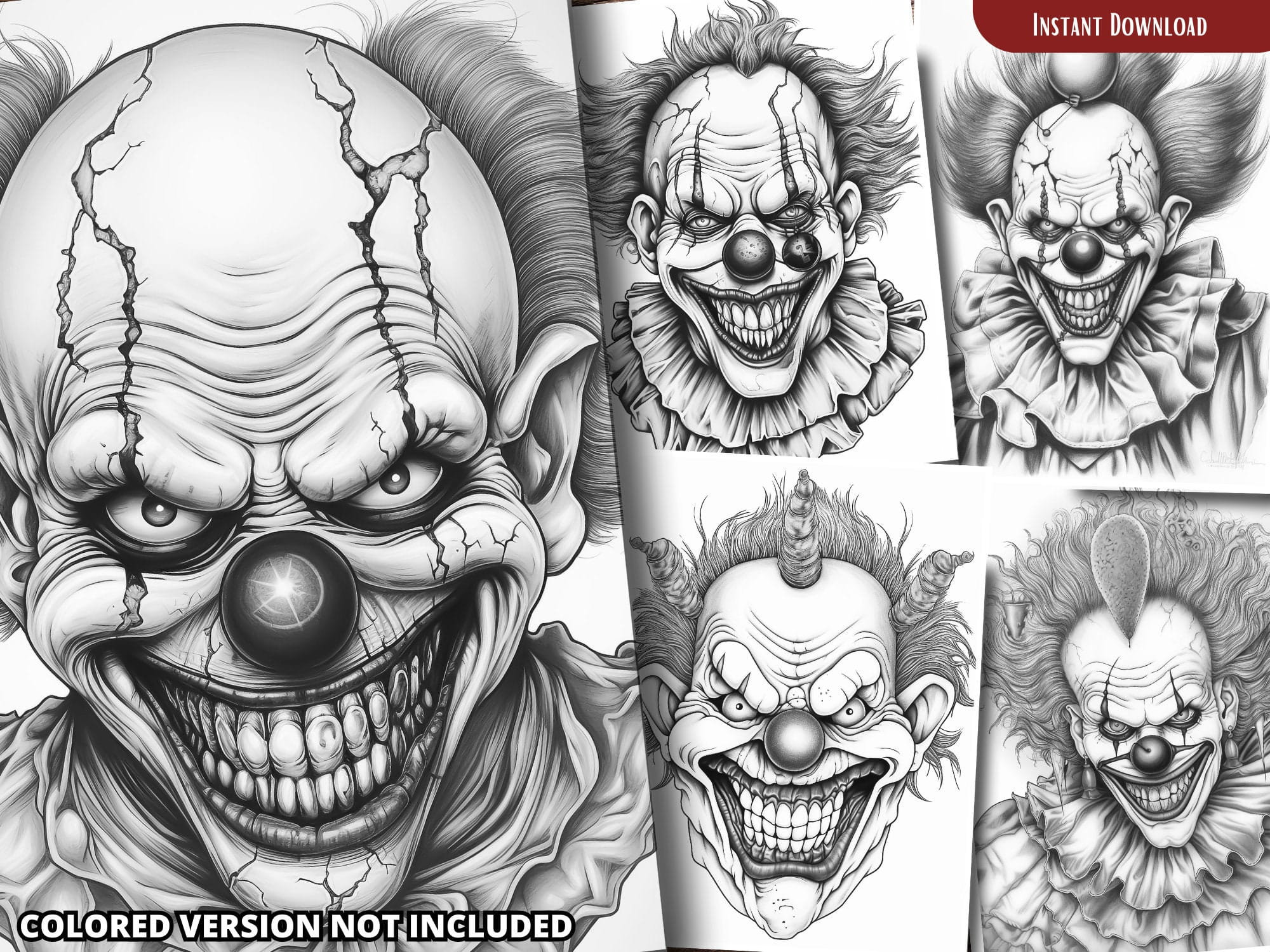 Creepy Clown Coloring Pages for Adults and for Kids Grayscale Coloring ...