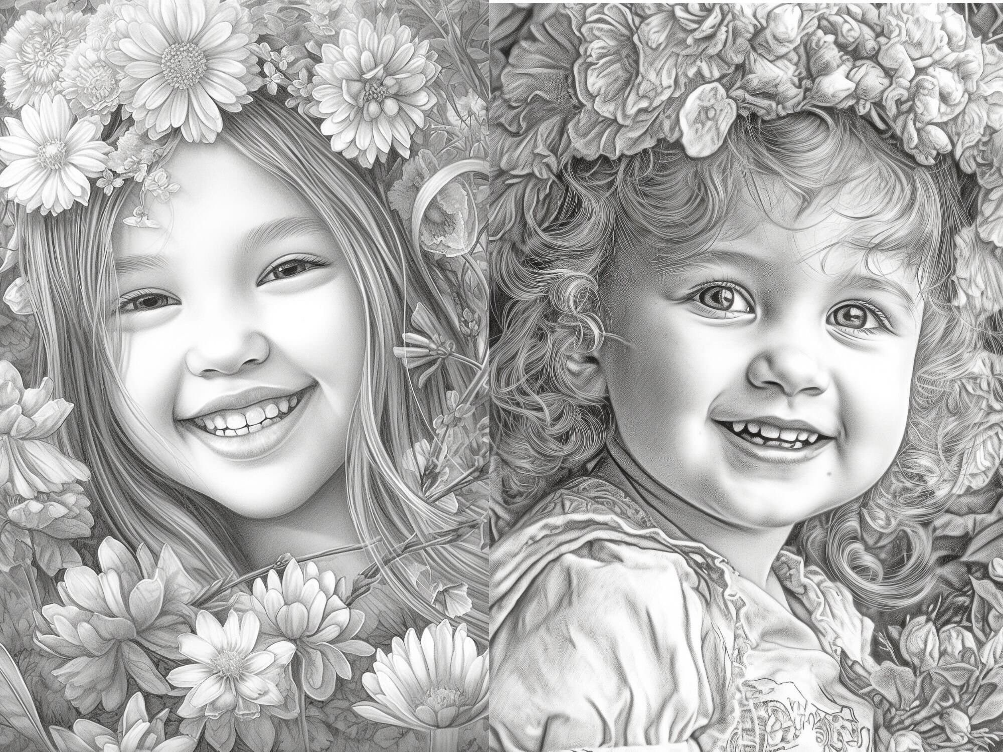 Spring Girls Coloring Pages for Adults and for Kids Grayscale Coloring ...