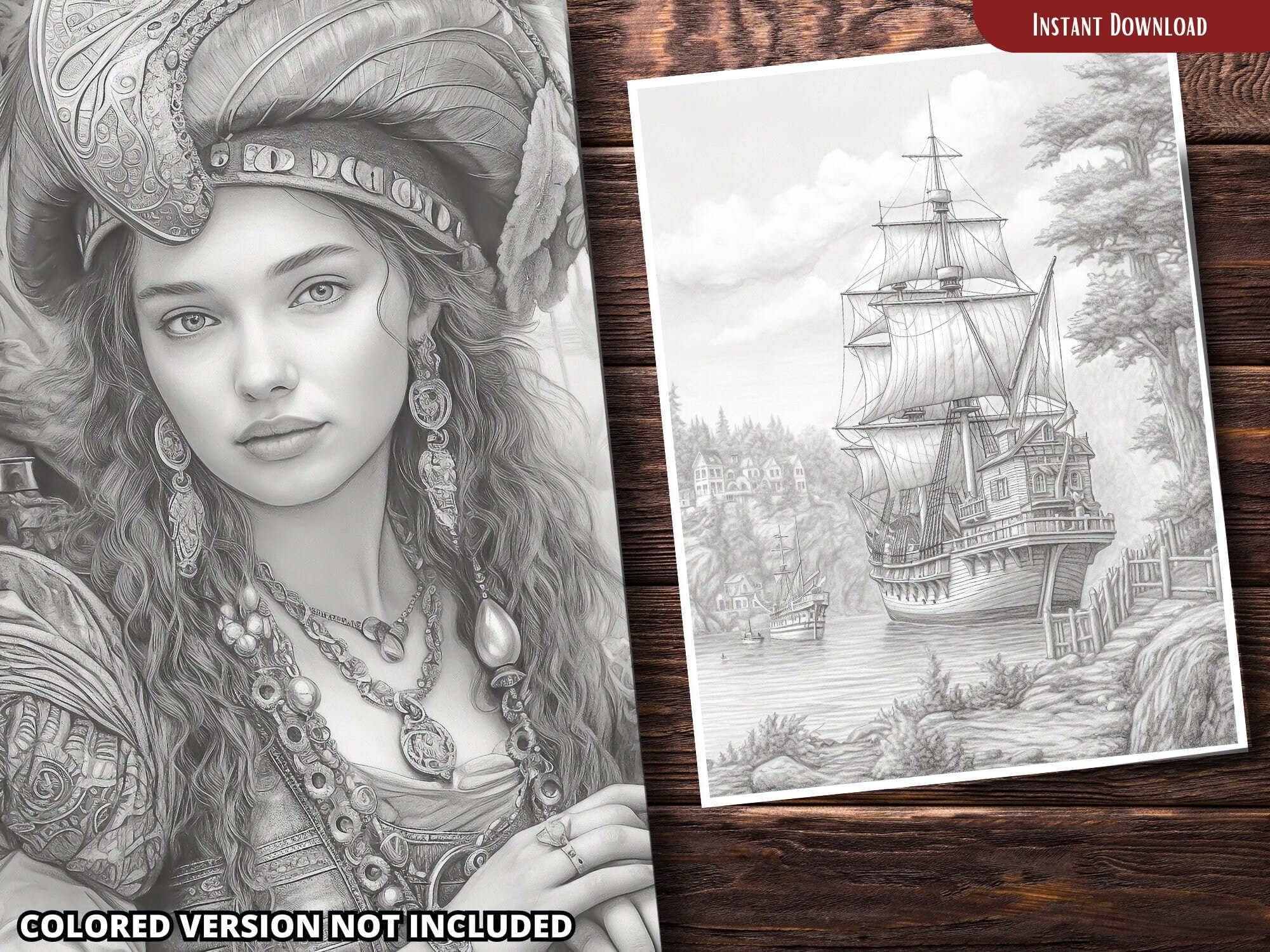 Pirates Coloring Pages for Adults and for Kids Grayscale Coloring Book ...