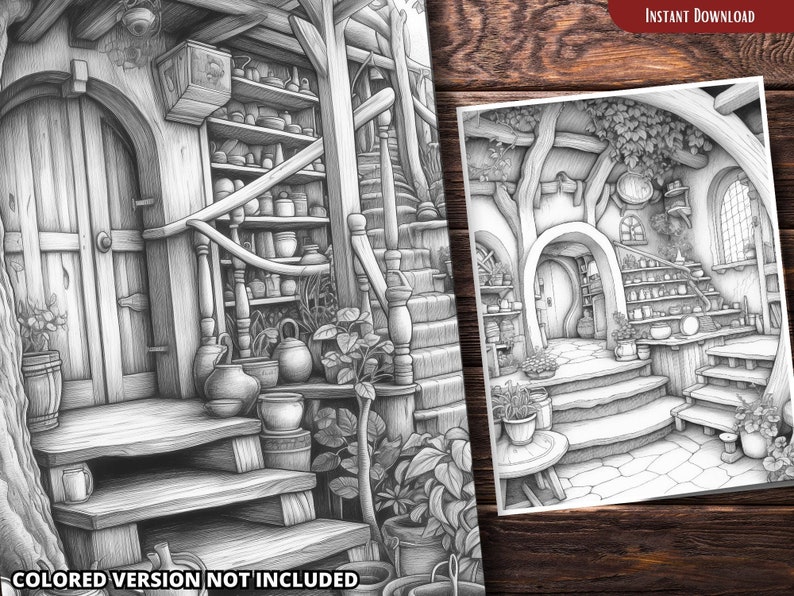 Hobbit Home Grayscale Coloring Book, Stress Relief PDF (printable) - Etsy