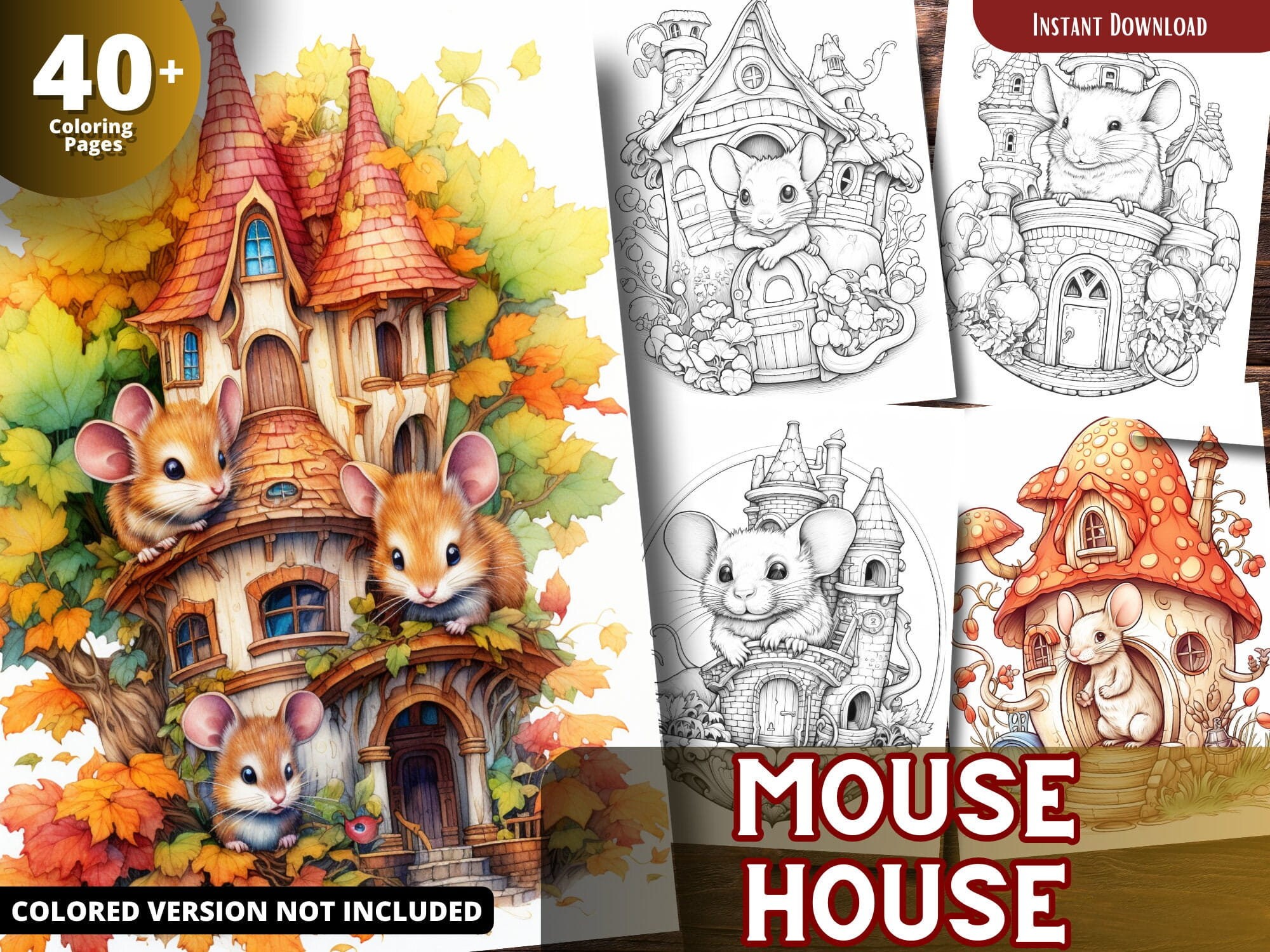 Mouse House Coloring Pages for Adults and for Kids, Grayscale Coloring ...