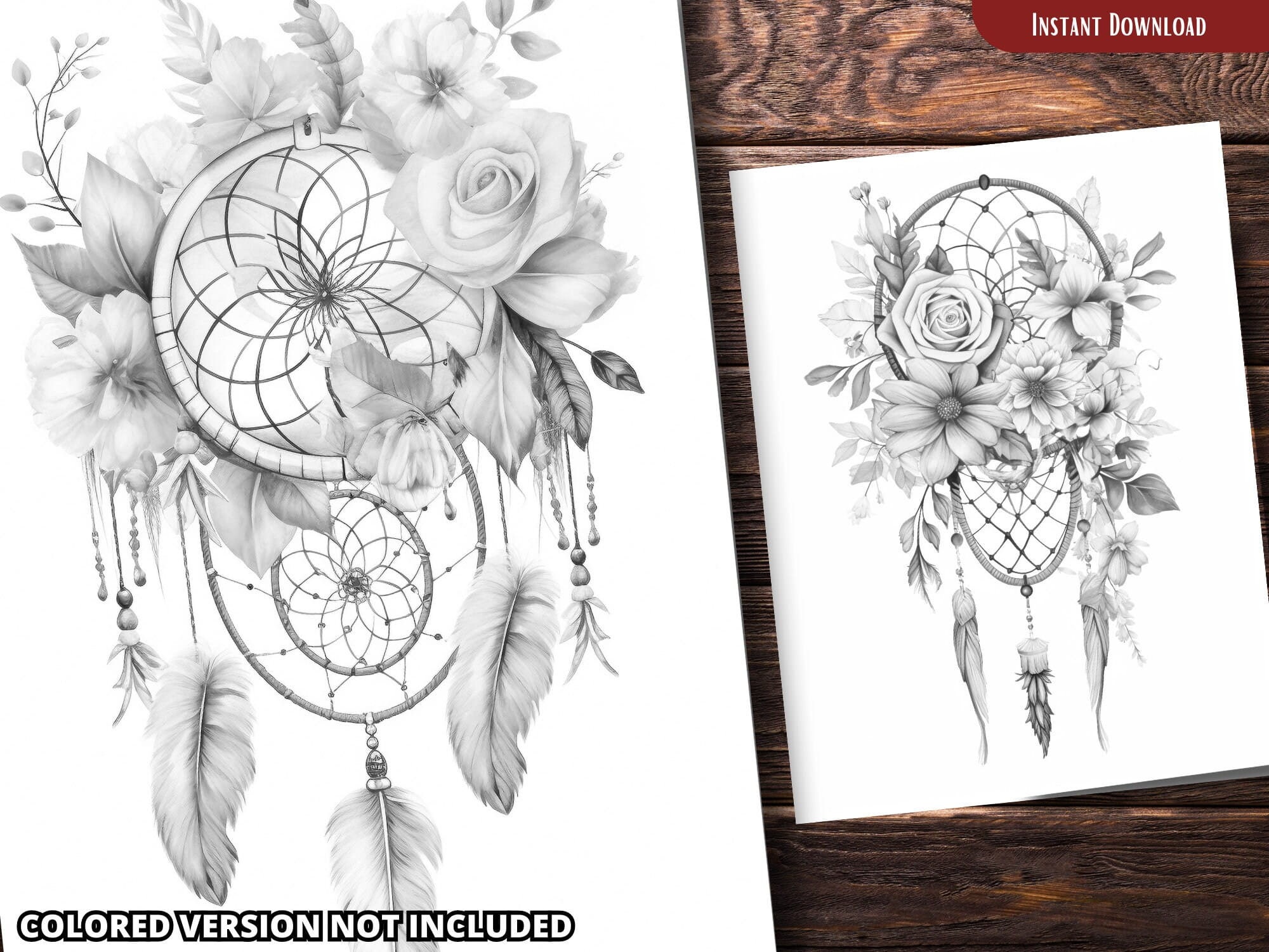 Dreamcatcher Flowers Coloring Pages for Adults and for Kids Grayscale ...