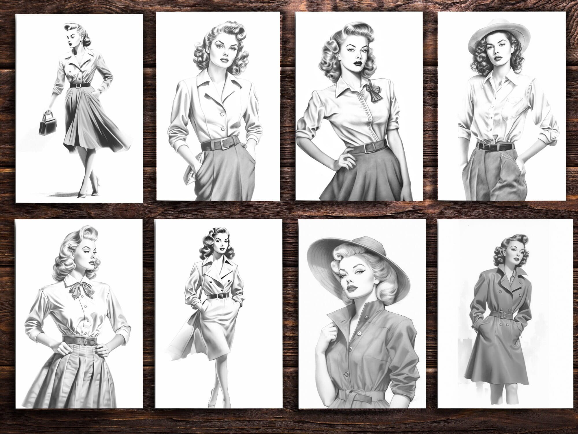 1950s Vintage Style Girl Coloring Pages for Adults and for Kids ...