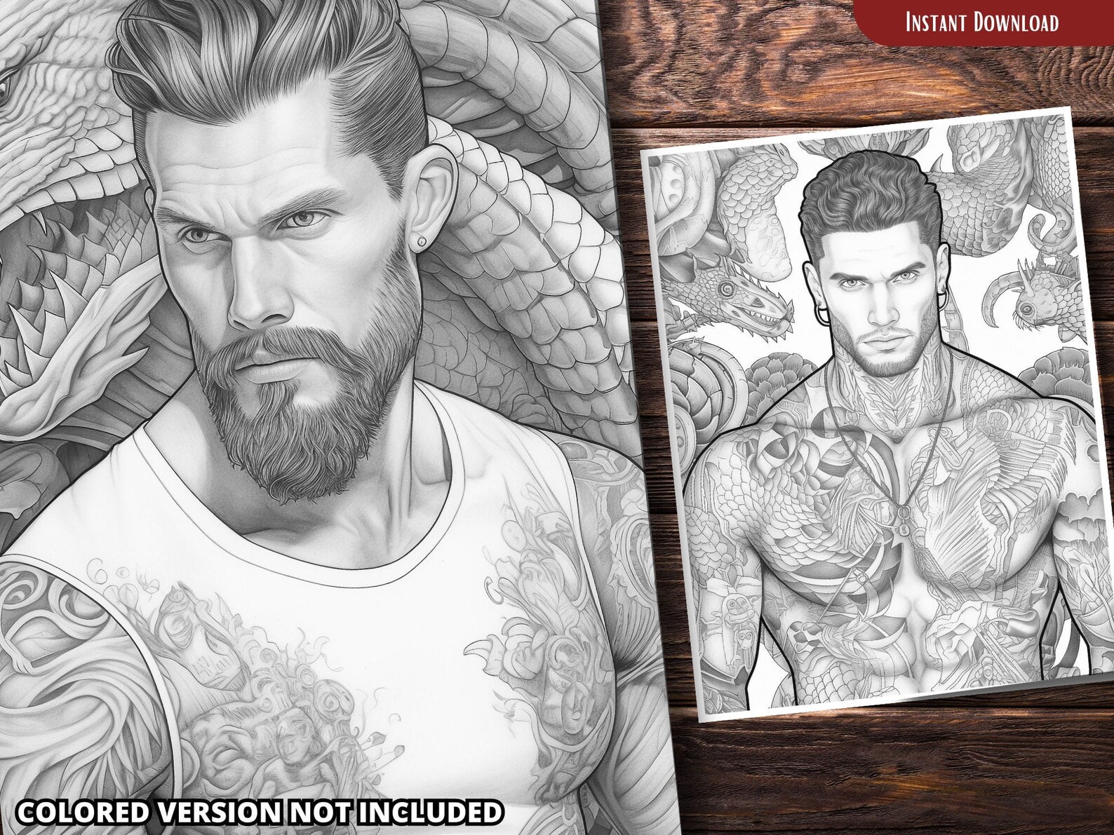 Tattoo Men Coloring Pages - Adults Kids Coloring Pages, Instant ...
