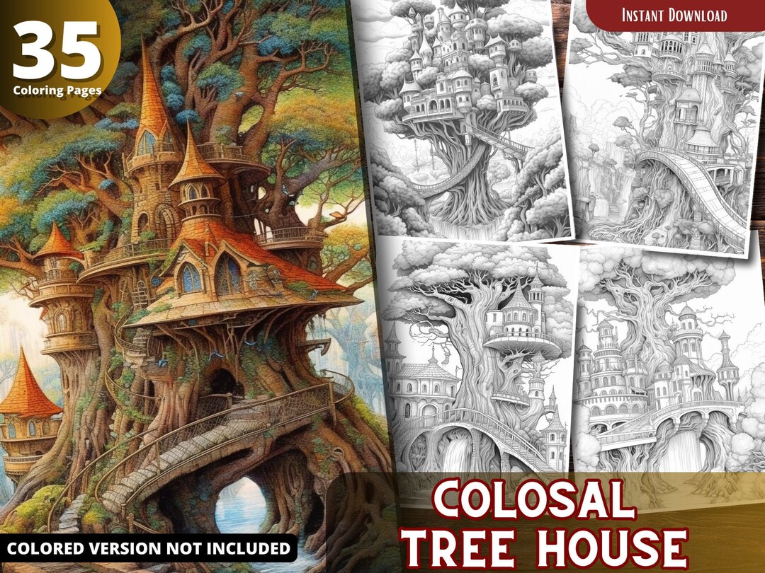 Colosal Tree House Coloring Pages for Adults and for Kids for Relax and Stress Relief, Grayscale ...