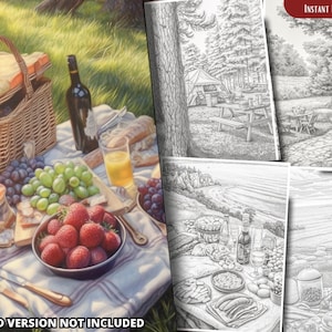 Landscape Picnic Time Coloring Pages for Adults and for Kids Grayscale ...