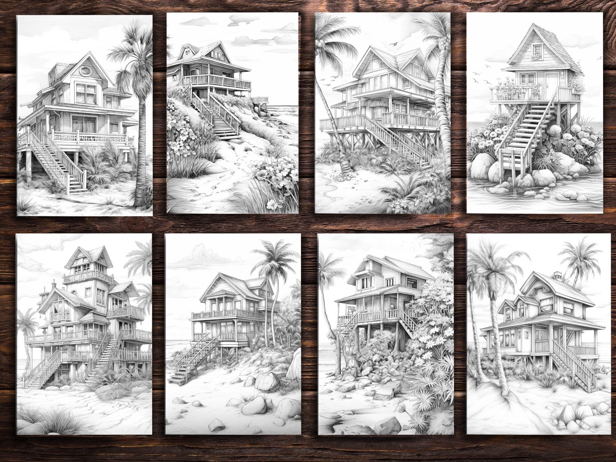 Beach House Grayscale Coloring Pages for Adults & Kids (printable PDF ...