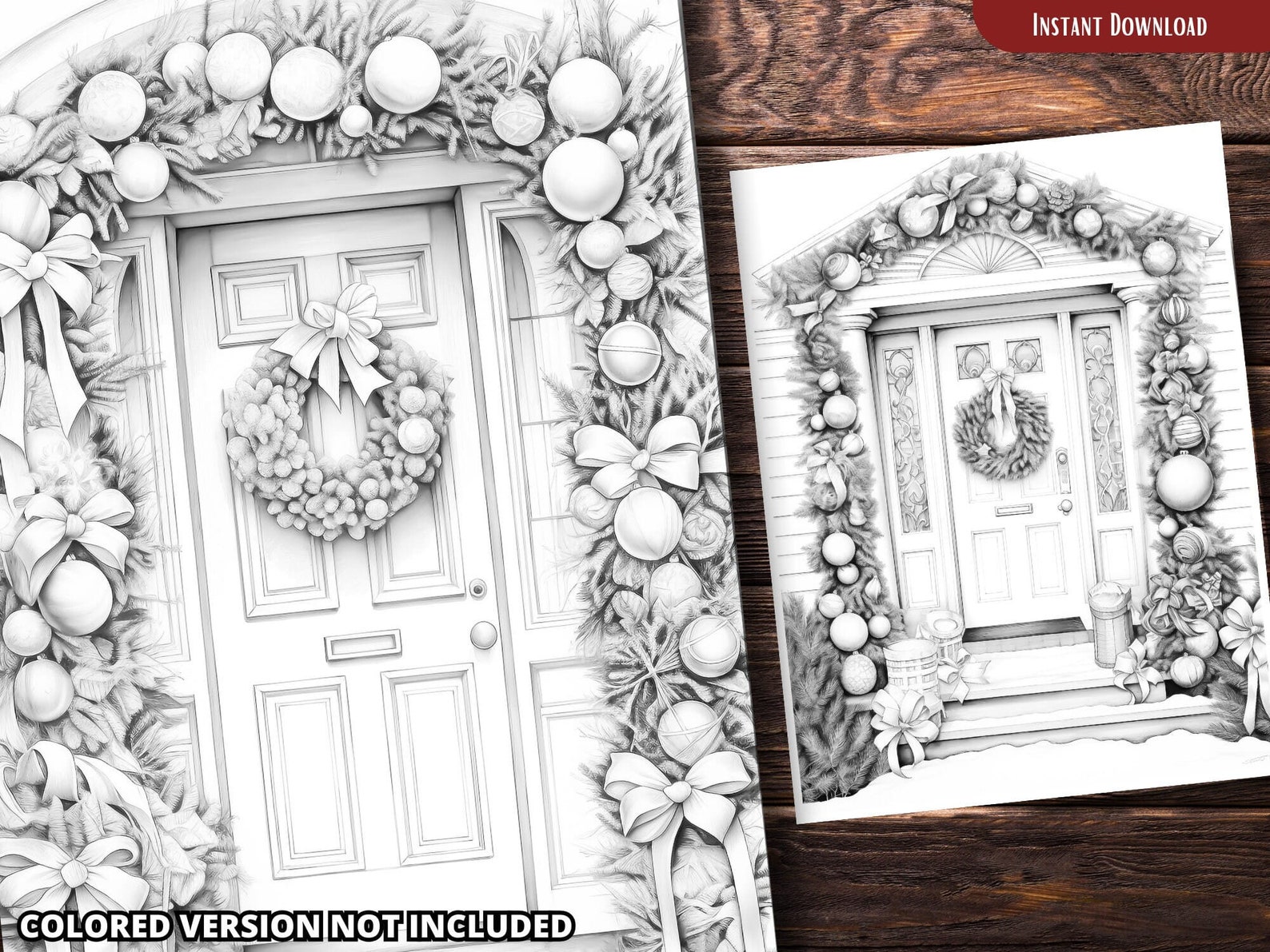Christmas Doors Coloring Pages for Adults and for Kids Grayscale ...
