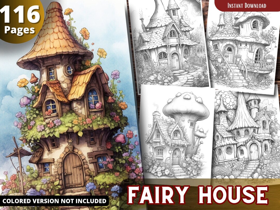 Fairy Houses Coloring Pages for Adults and for Kids Grayscale Coloring ...