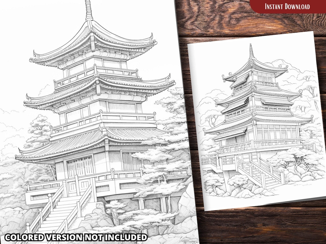 Pagoda Coloring Pages for Adults and for Kids for Relax and Stress ...