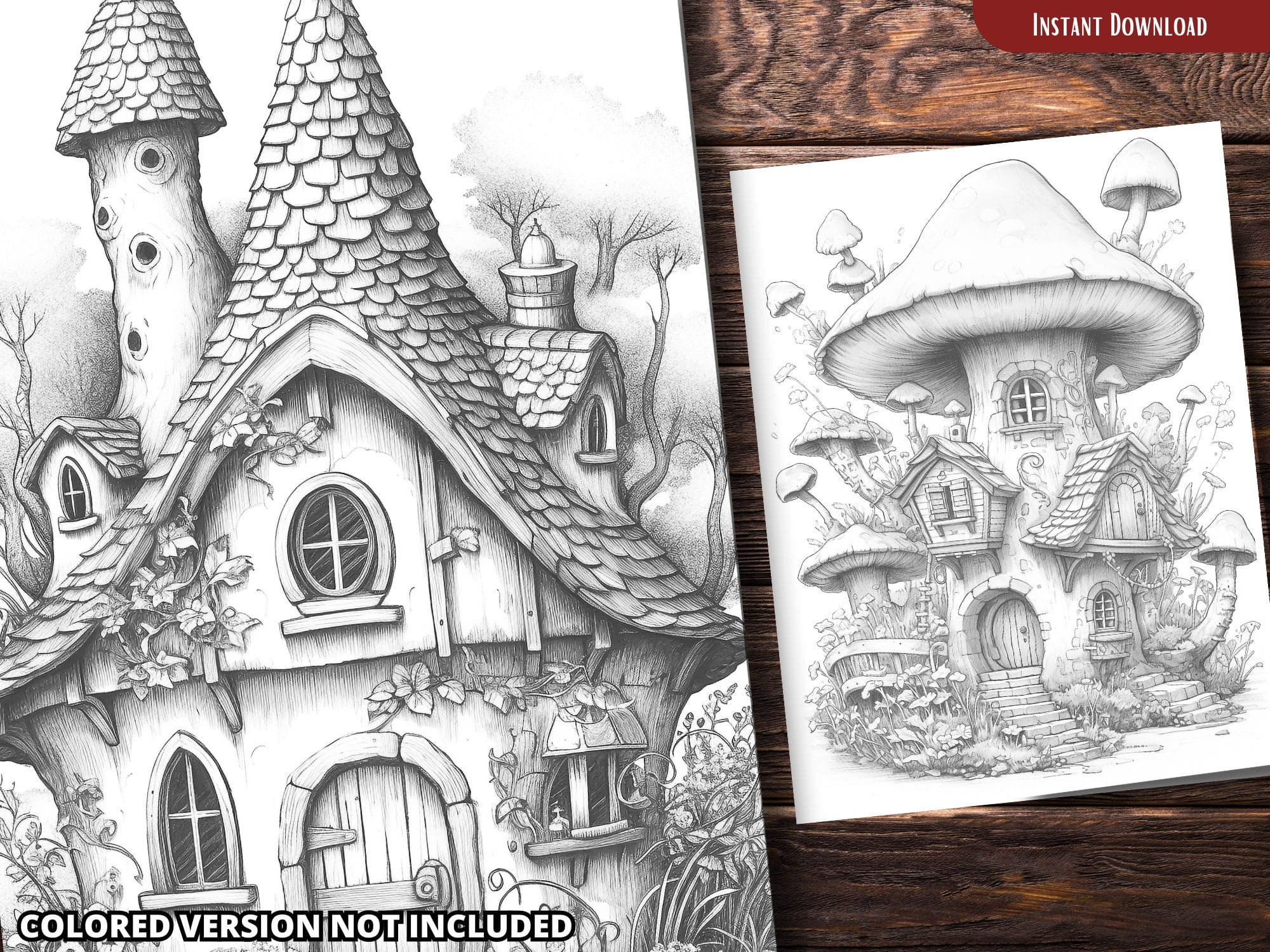 Fairy Houses Coloring Pages for Adults and for Kids Grayscale Coloring ...