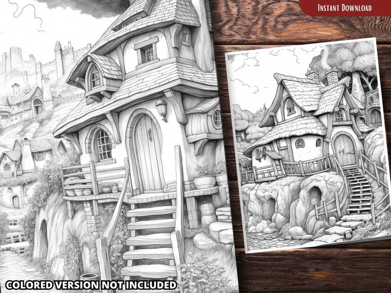 Hobbit Home Grayscale Coloring Book, Stress Relief PDF (printable) - Etsy