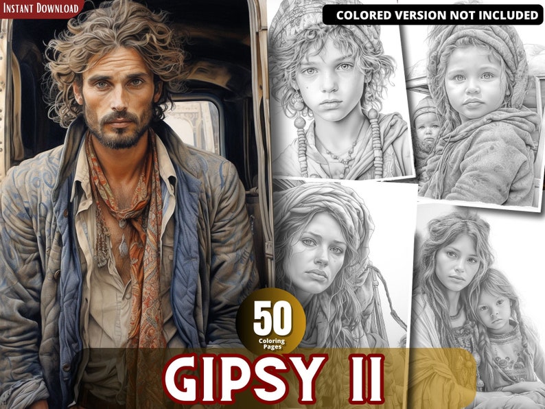 Gypsy Coloring Pages for Adults and for Kids Grayscale Coloring ...