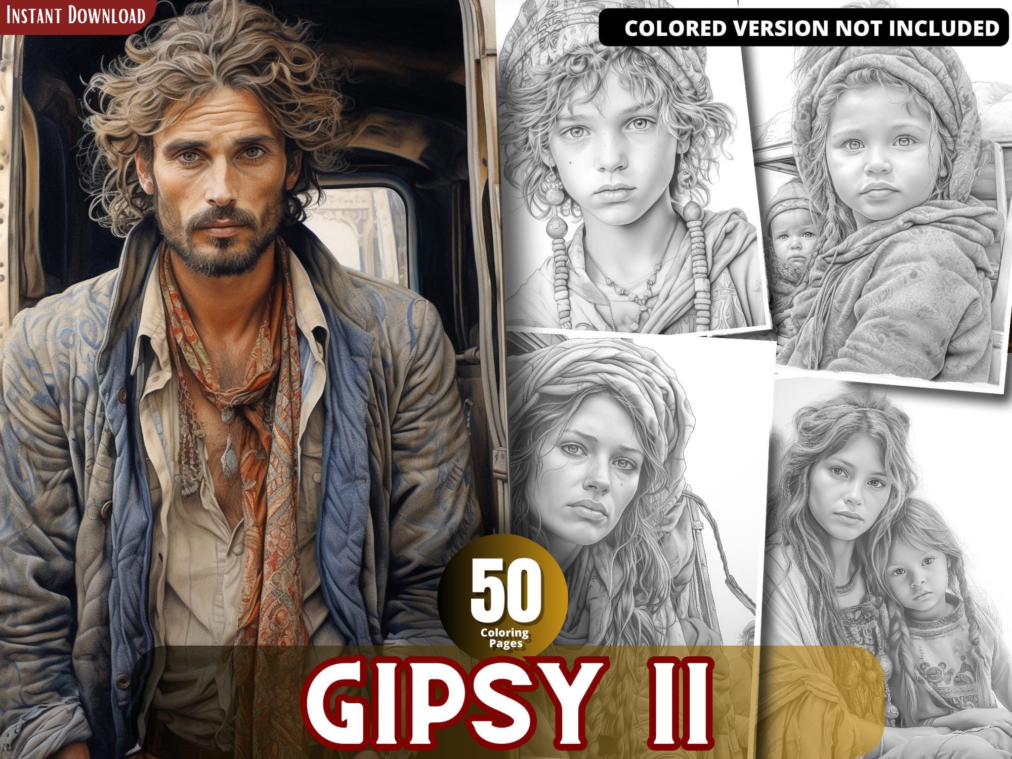 Gypsy Coloring Pages for Adults and for Kids Grayscale Coloring ...