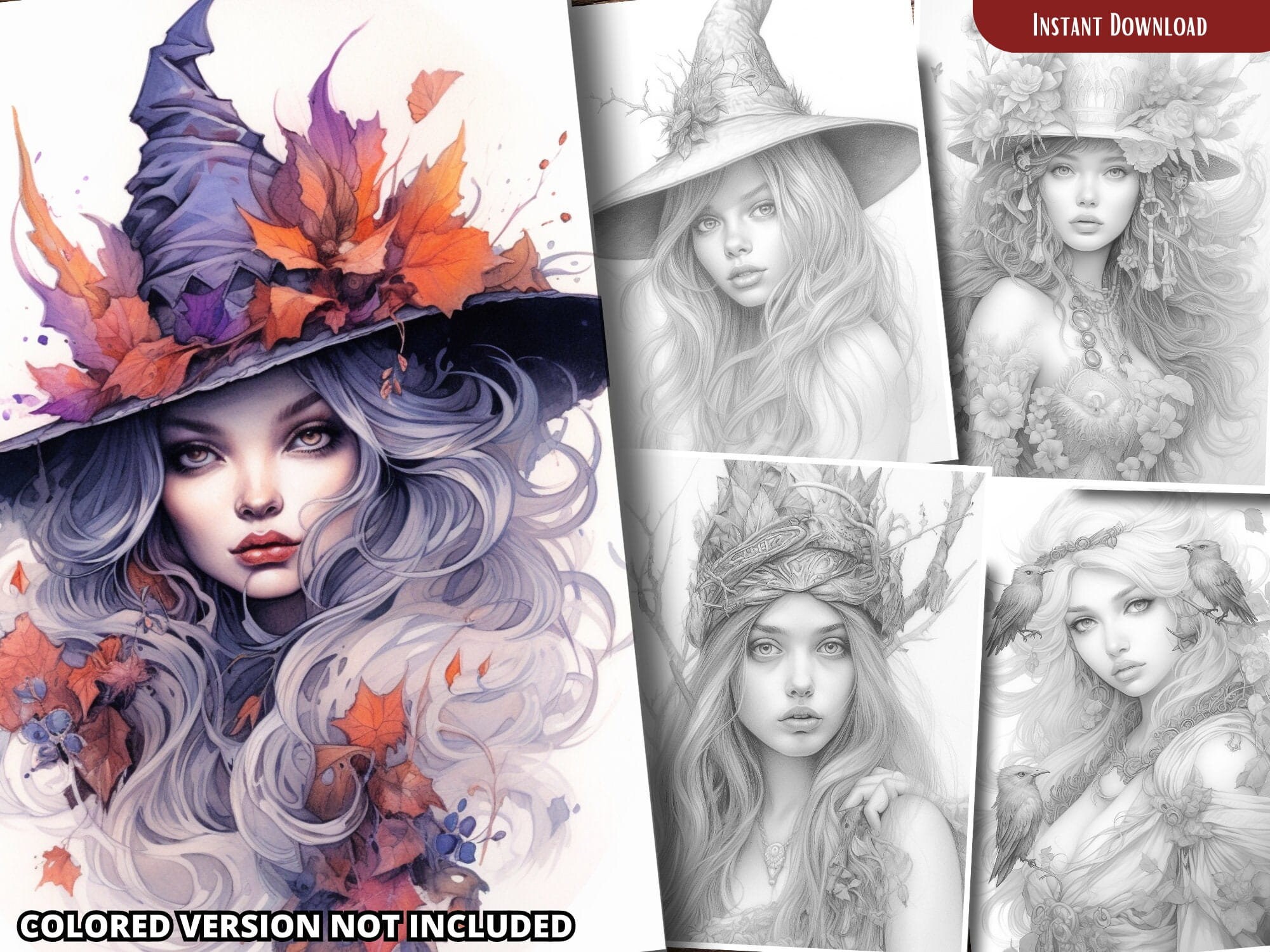Witch Coloring Pages for Adults and for Kids Grayscale Coloring ...