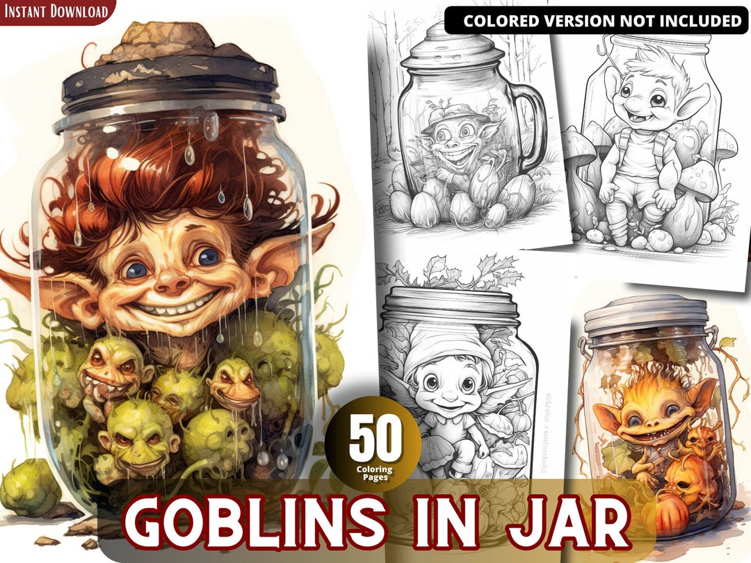Goblins in Jar Grayscale Coloring Pages for Adults & Kids (printable ...
