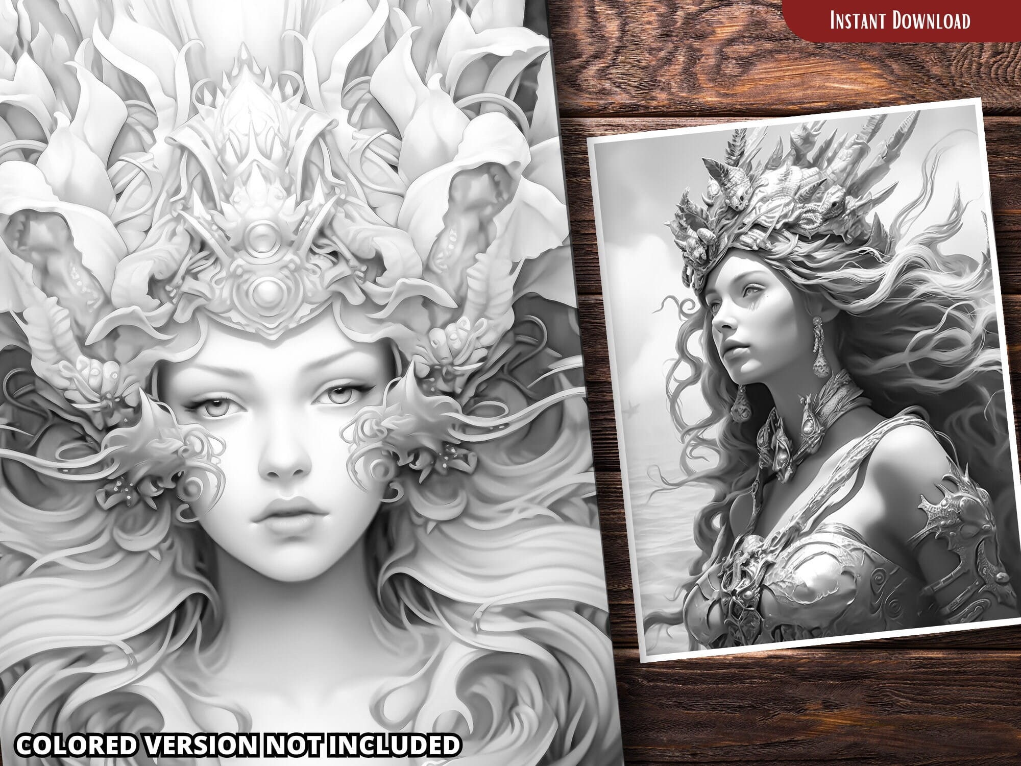 Goddess of the Sea Coloring Pages for Adults and for Kids, Grayscale ...