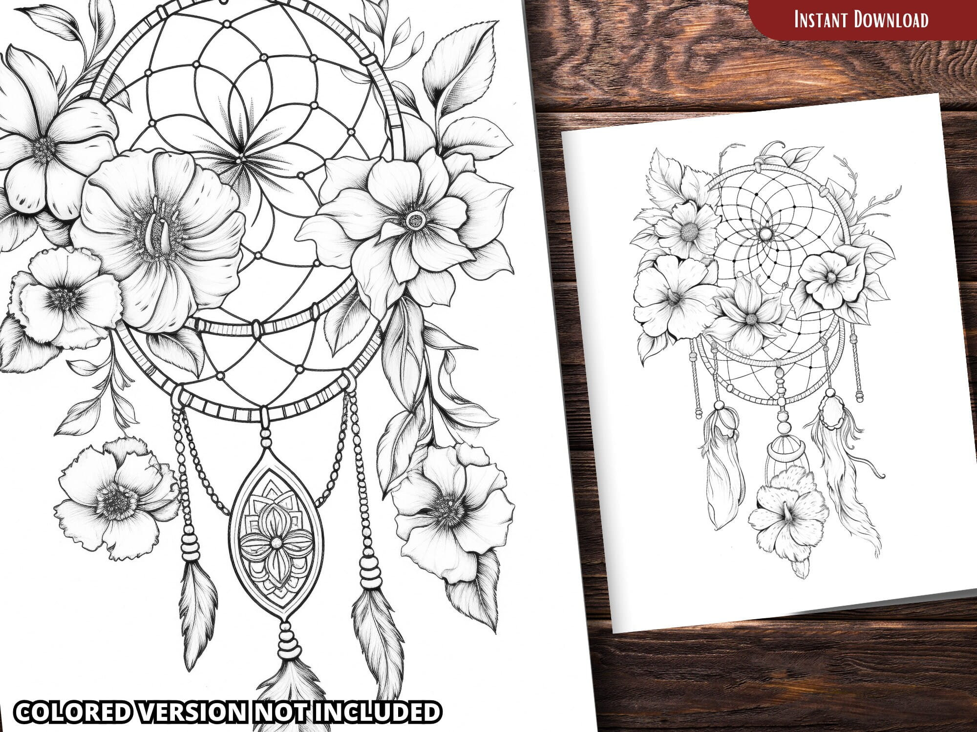 Dreamcatcher Flowers Coloring Pages for Adults and for Kids Grayscale ...